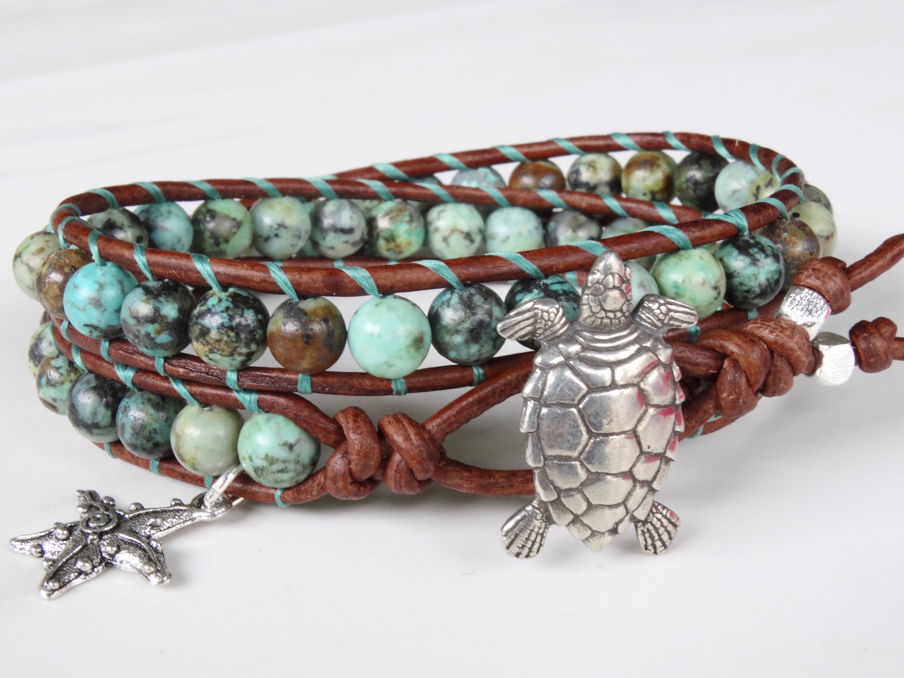 Sea Turtle Leather Bracelet African Turquoise Double Wrap | Etsy