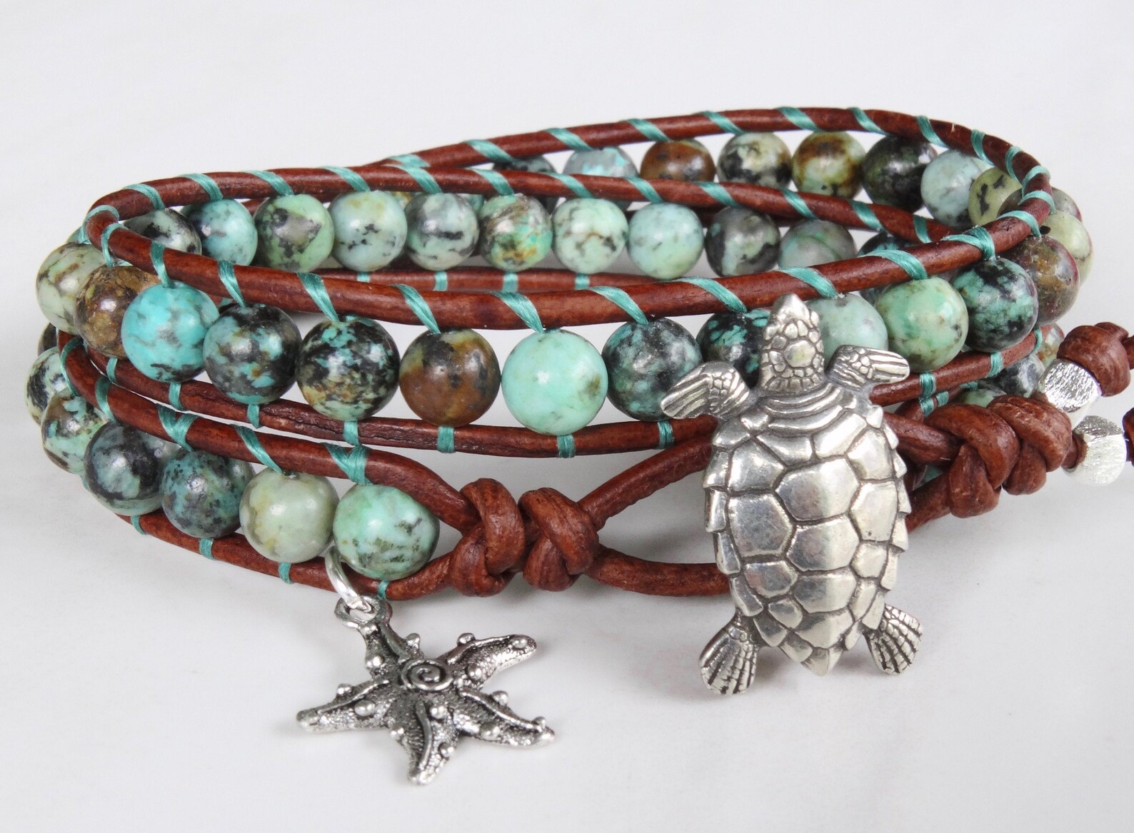 Sea Turtle Leather Bracelet African Turquoise Double Wrap | Etsy