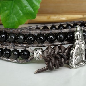 Wolf Leather Bracelet, Wolf Jewelry, Rainbow Obsidian Leather Wrap ...