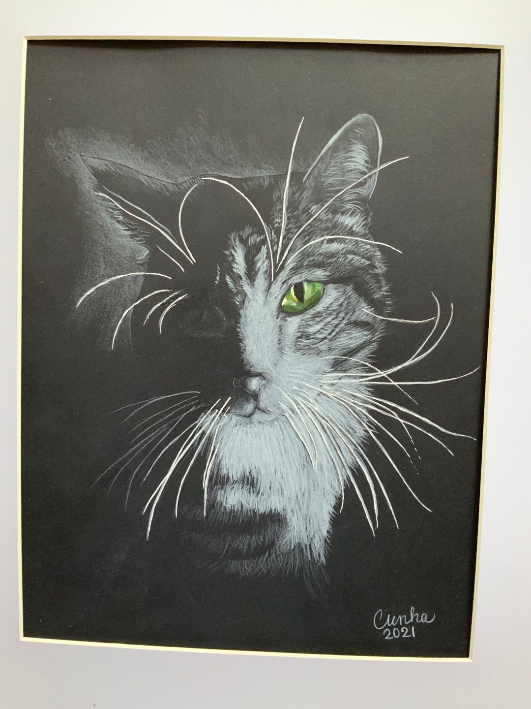 Cat Art - White Pencil on Black Paper - Cat Lovers Art - Cat Whiskers ...