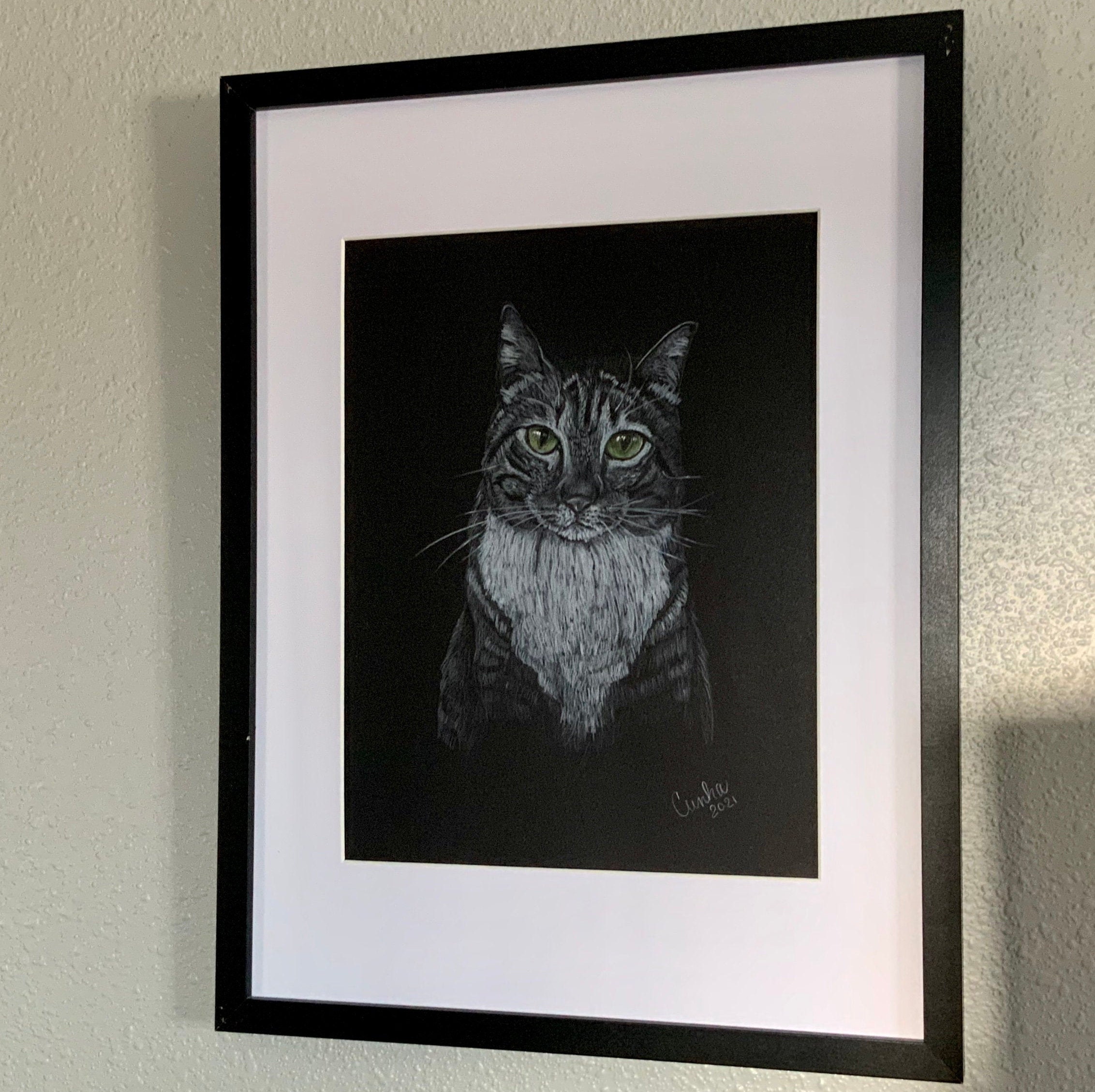 Custom Hand Drawn Cat Portraits - White Pencil on Black - Commissioned ...