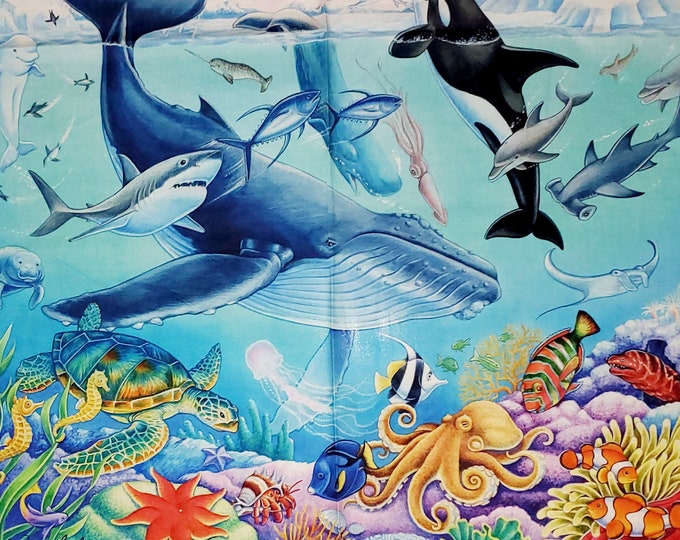 Fabric Panel 36x45 Under the Sea Beautiful Details Sharks Whales ...