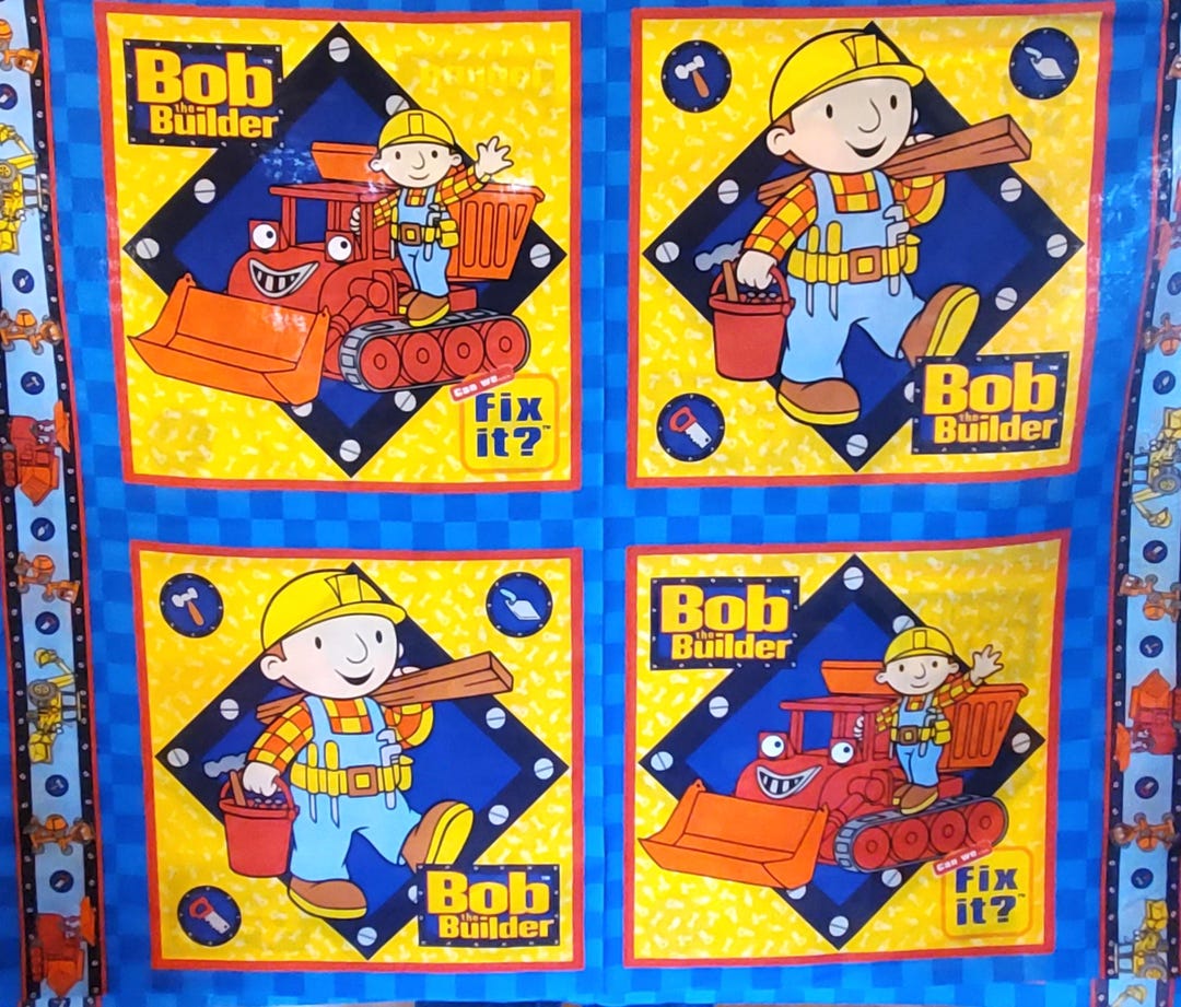 FABRIC Vintage Bob the Builder Panel Quilt Squares/ Pillows Bulldozer ...