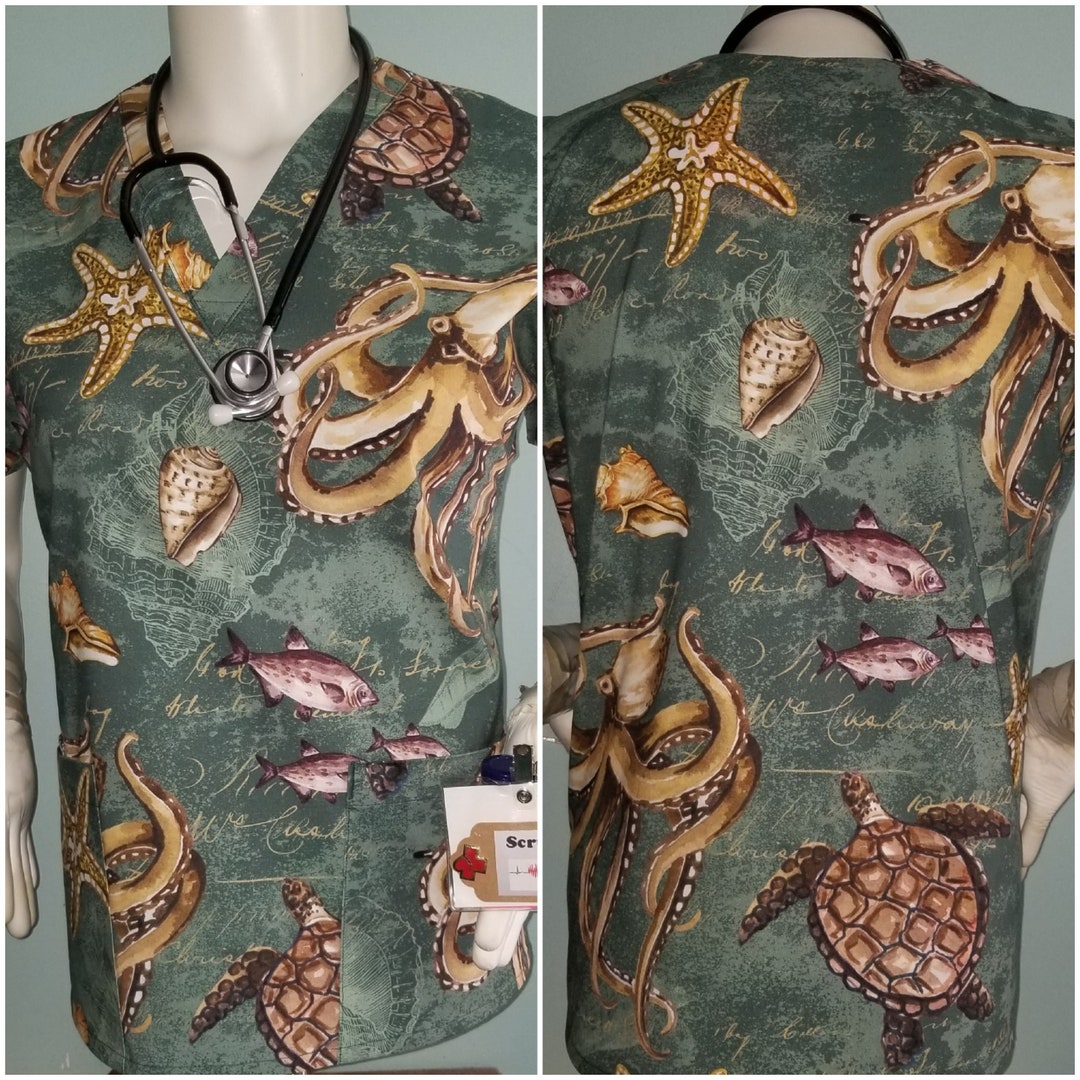 Scrubs Tops Under the Sea Large Bold Stunning Print Octopus Starfish ...