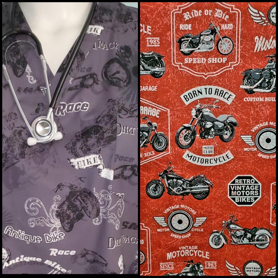 Scrub Tops Motorcycles GRAY or RED Vintage Born to Ride Racing Bikers ...
