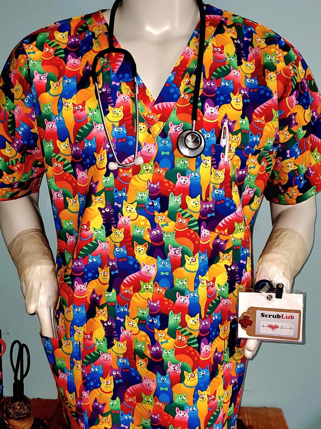 Scrub Tops Cats Kaleidoscope Rainbow Kittens Kitty Custom V Neck Scrub ...
