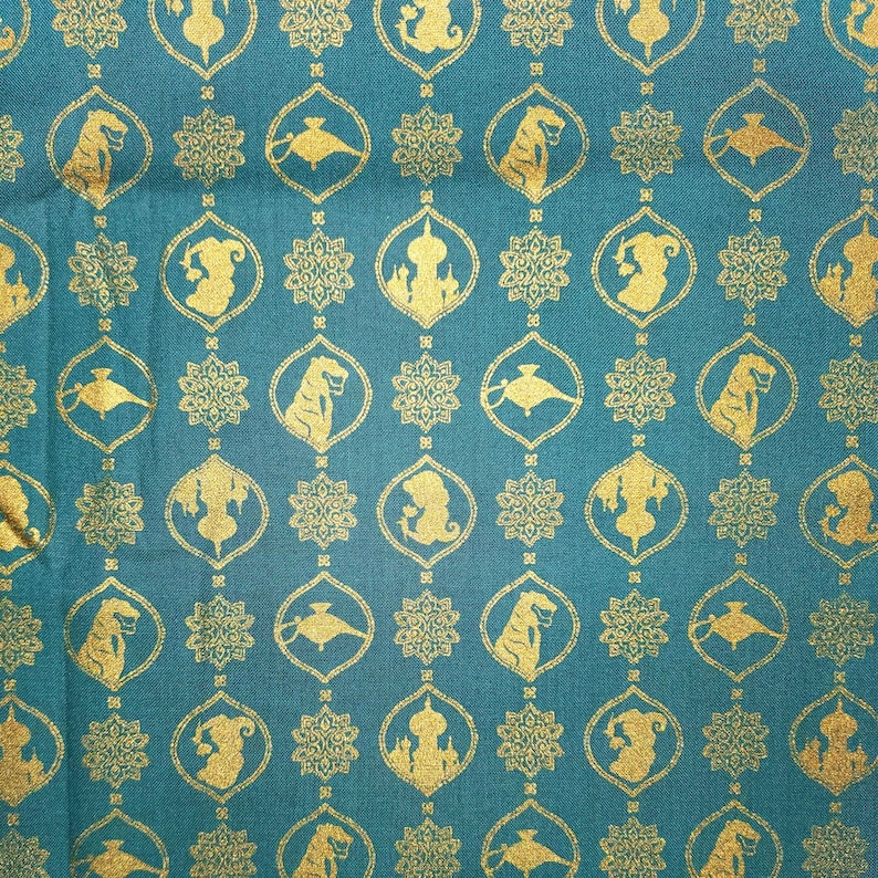 Fabric Aladdin Jasmine Genie Lamp Damask Metallic Icons 100% Teal ...