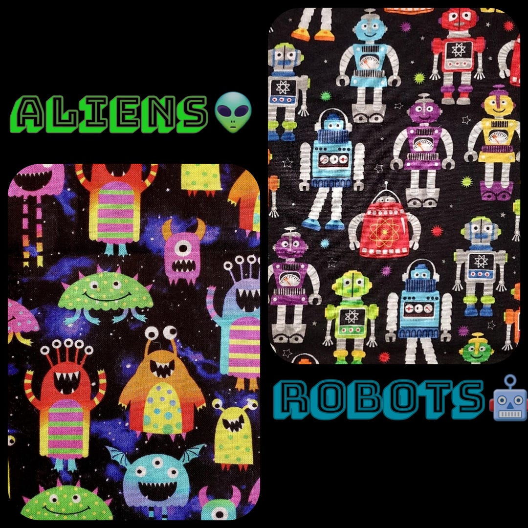 Fabric Monsters Aliens or Robots Retro Colorful Gear Heads Bots Soft ...