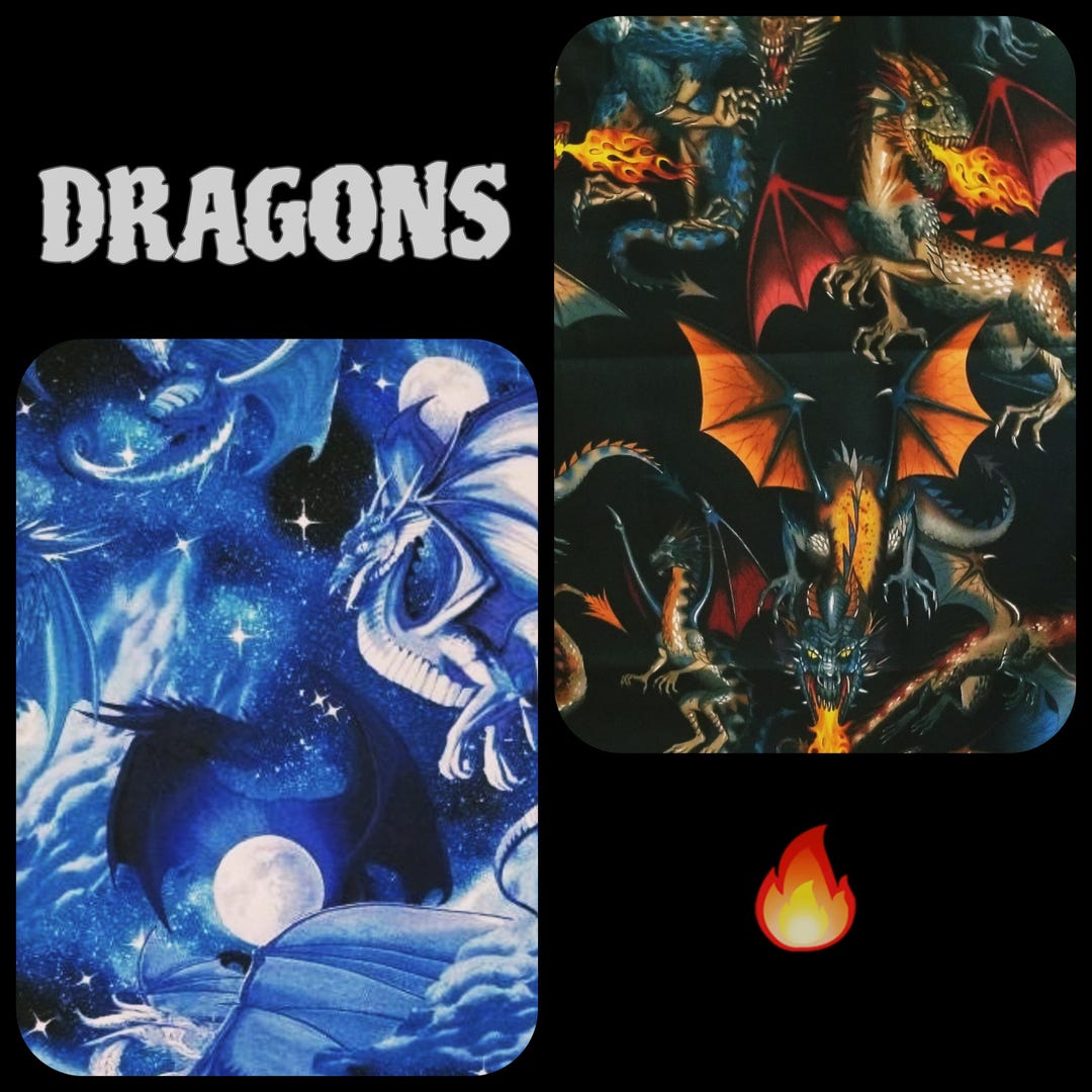 FABRICS Dragons Flying Fire-breathing Draco 100% Cotton FQ 1/2 Yd ...