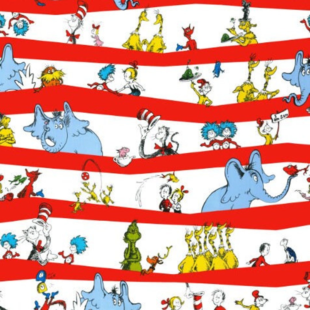 Dr Seuss FABRIC Red White Stripe Celebrate Seuss Grinch Cat in Hat 100% ...