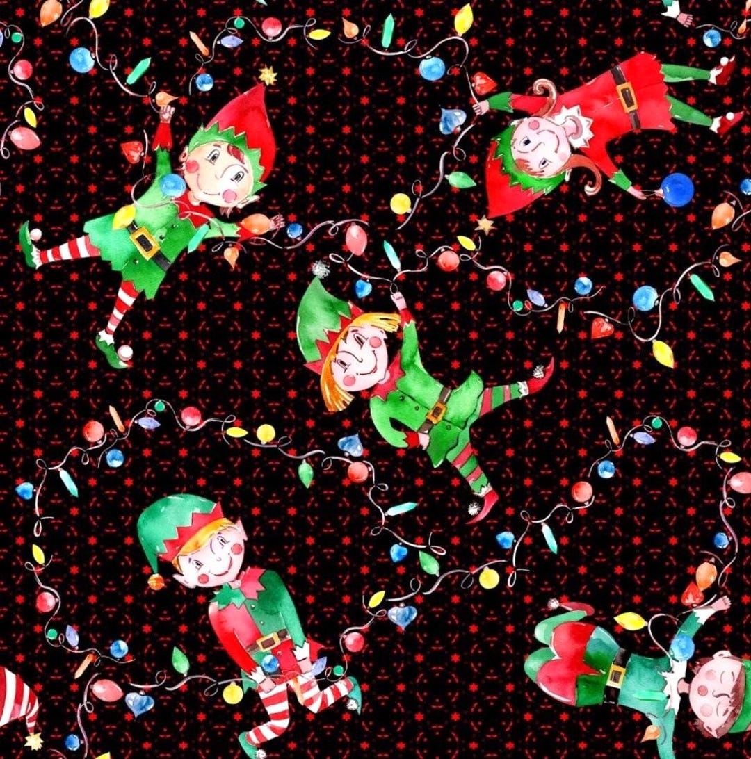 Fabric Christmas Elves Santa's Helpers Dancing Lights 100% Cotton Fq/yd ...