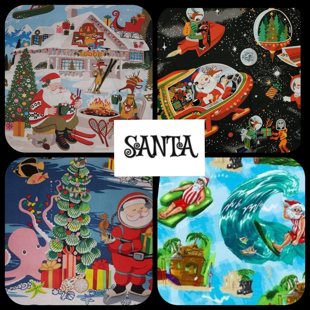FABRICS Christmas Snow Ski Santa/surfing Santa/scuba Santa/space Santa ...