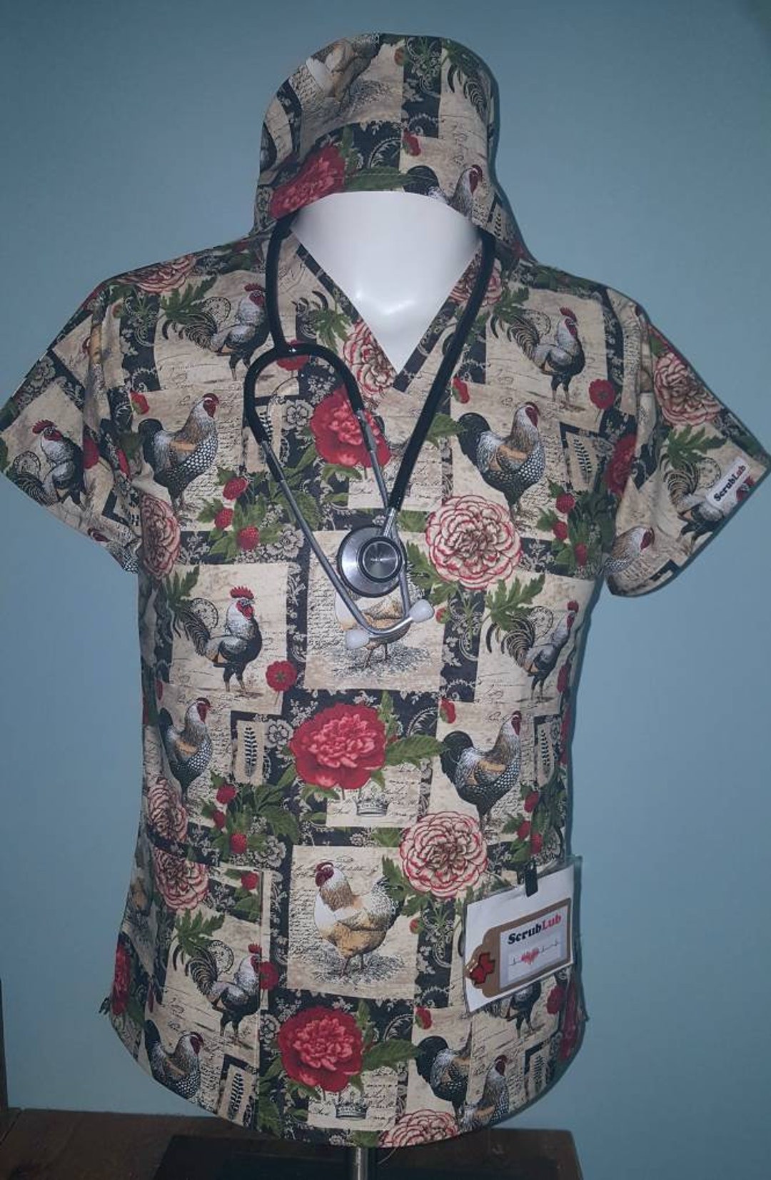 Scrub Tops French Roosters Birdsespecially Tailored V Neck - Etsy