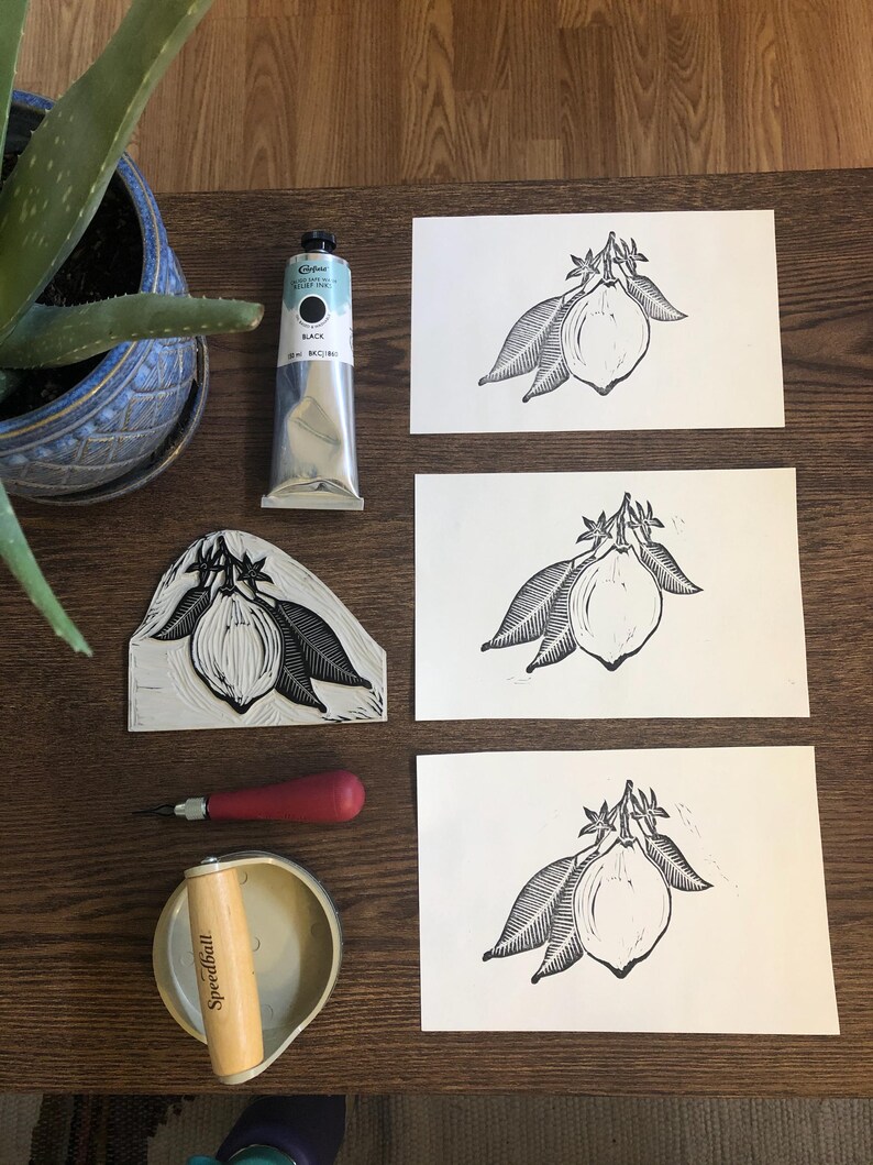Handmade Lino Cut Blockprint With Lemon Print - Etsy