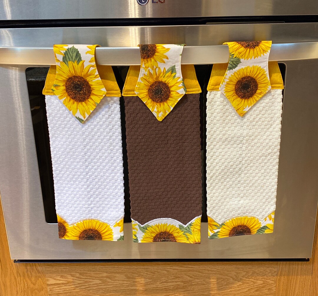 Sunflower Hanging Kitchen Towel Embroidered : Waffle Weave, 3 Colors - Etsy