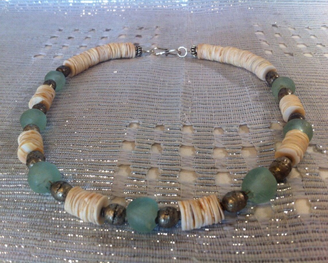 Ostrich Egg Shell and African Galss Beads Necklace // Trade | Etsy