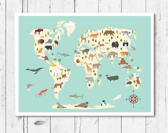 Animal Map of the World Map for children and kids Art Print | Etsy