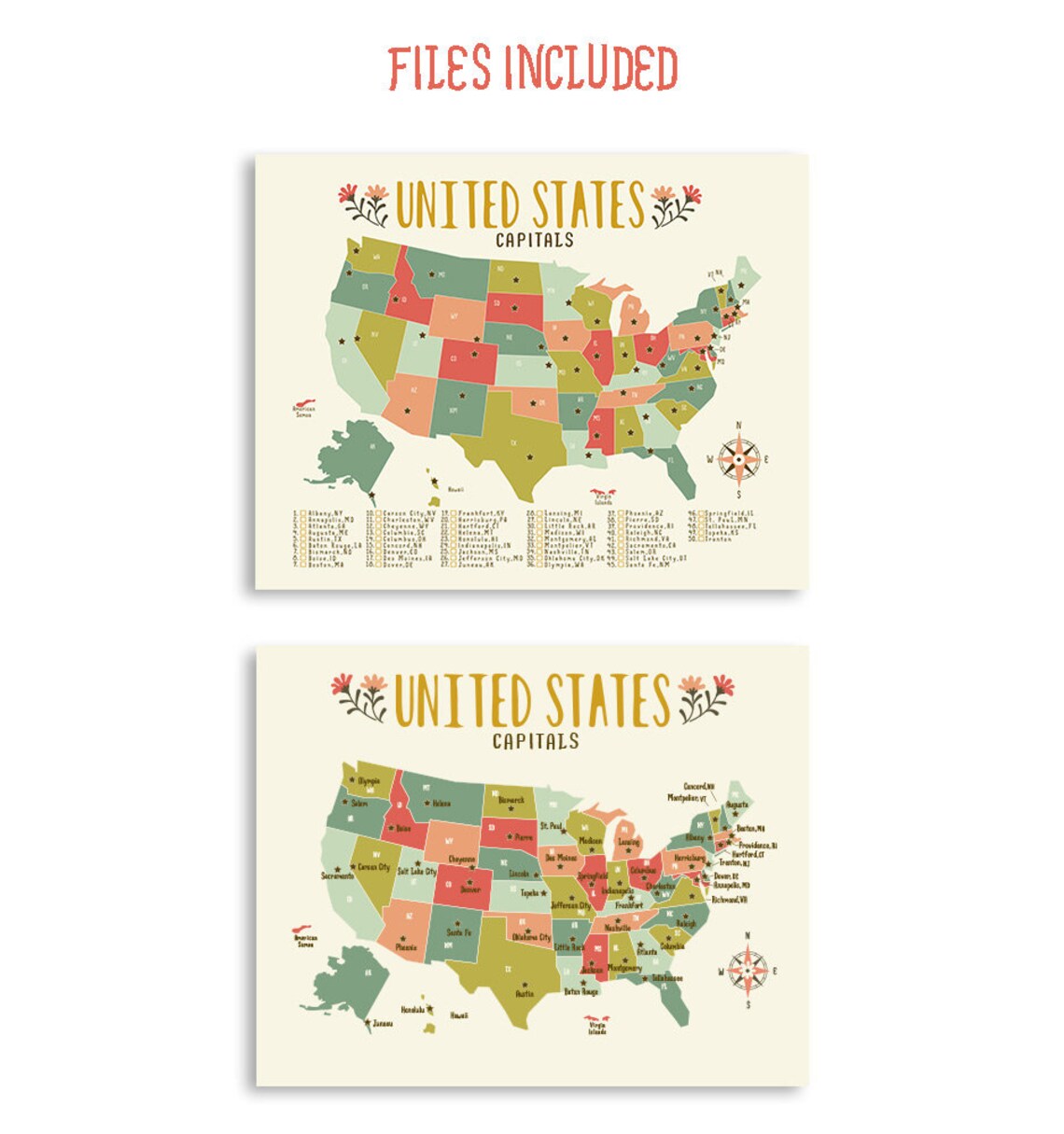 United States Map Nursery Map for Girls 2 Printable Files | Etsy