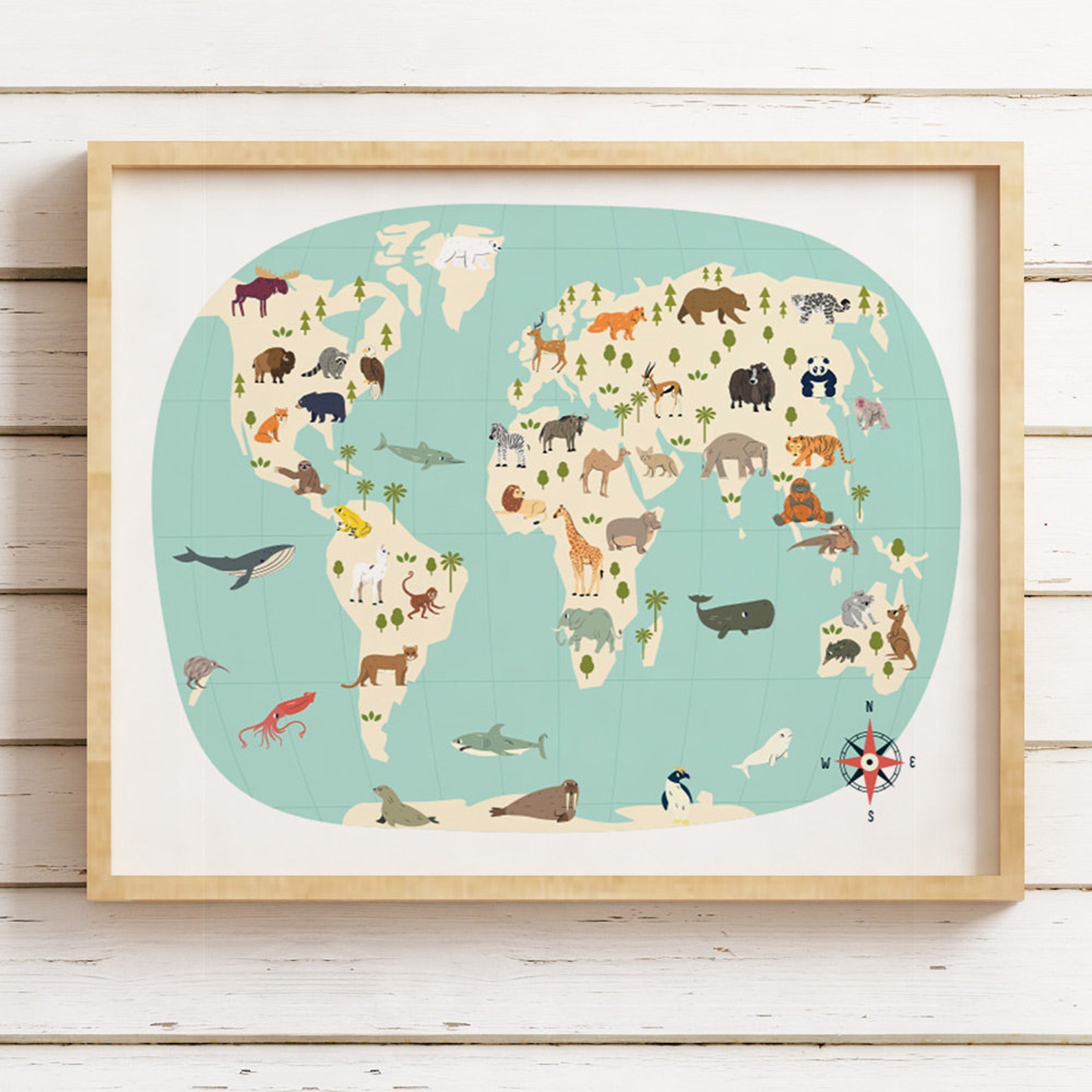 Animal Map of the World Map for Children and Kids, Art Print, Nursery ...