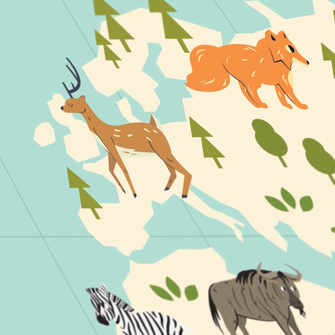 Animal Map of the World Map for children and kids Art Print | Etsy