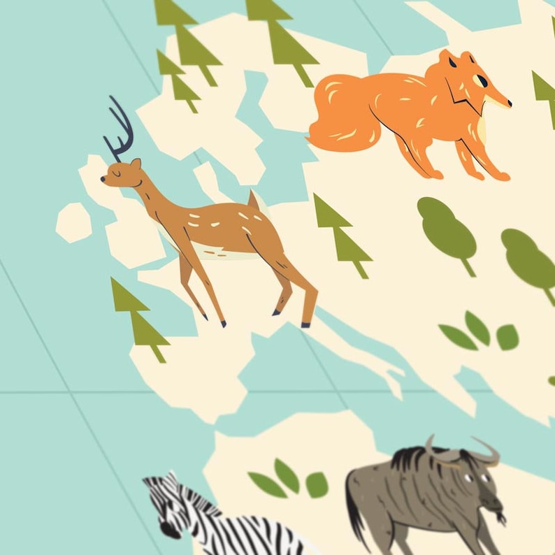 Animal Map of the World Map for Children and Kids, Art Print, Nursery ...