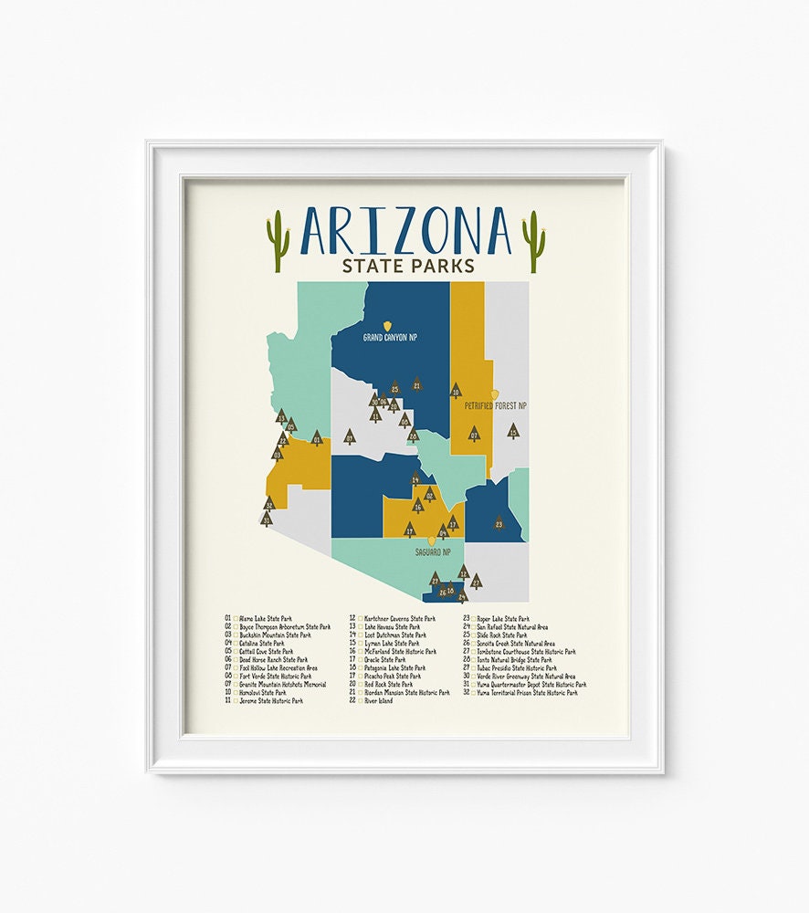 Arizona State Parks Map, 16x20 Adventure, Mountains, Parks, Rivers ...