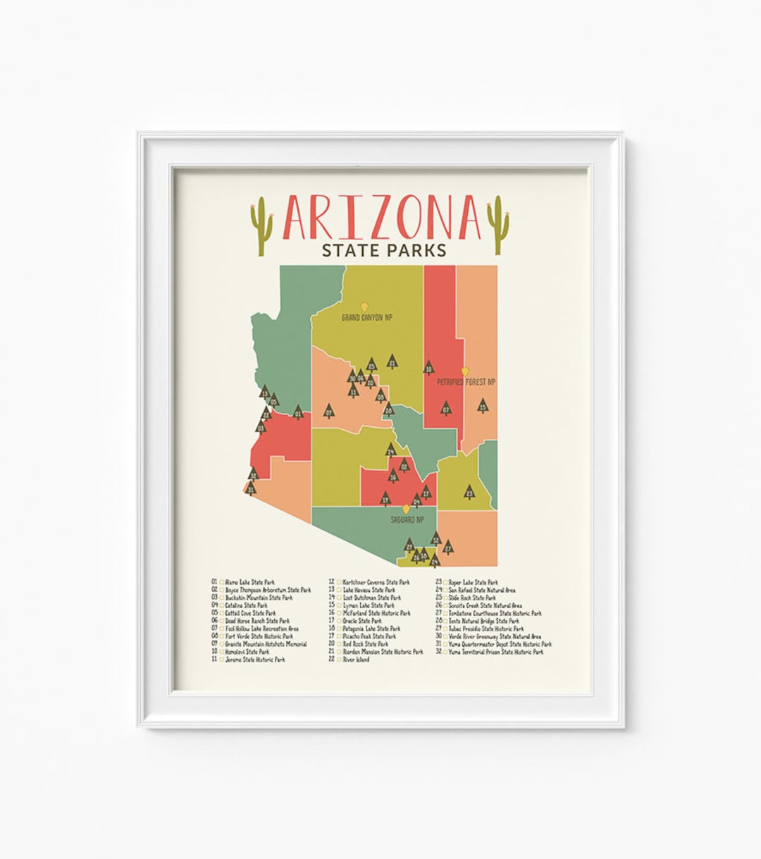 Arizona State Parks Map, 16x20 Adventure, Mountains, Parks, Rivers ...