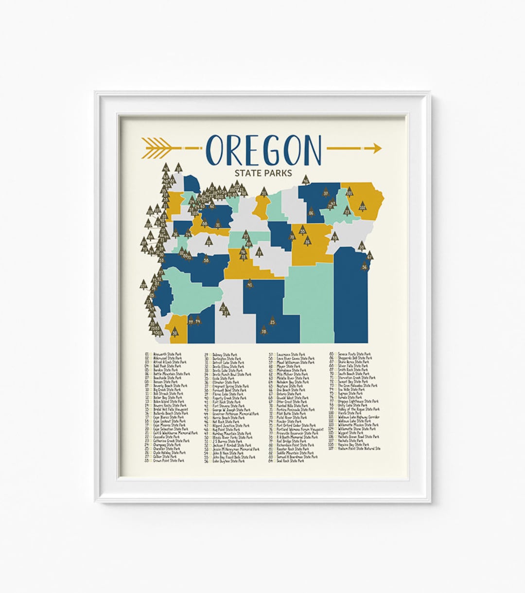 Oregon State Parks Map, 16x20 Adventure, Mountains, Parks, Rivers ...