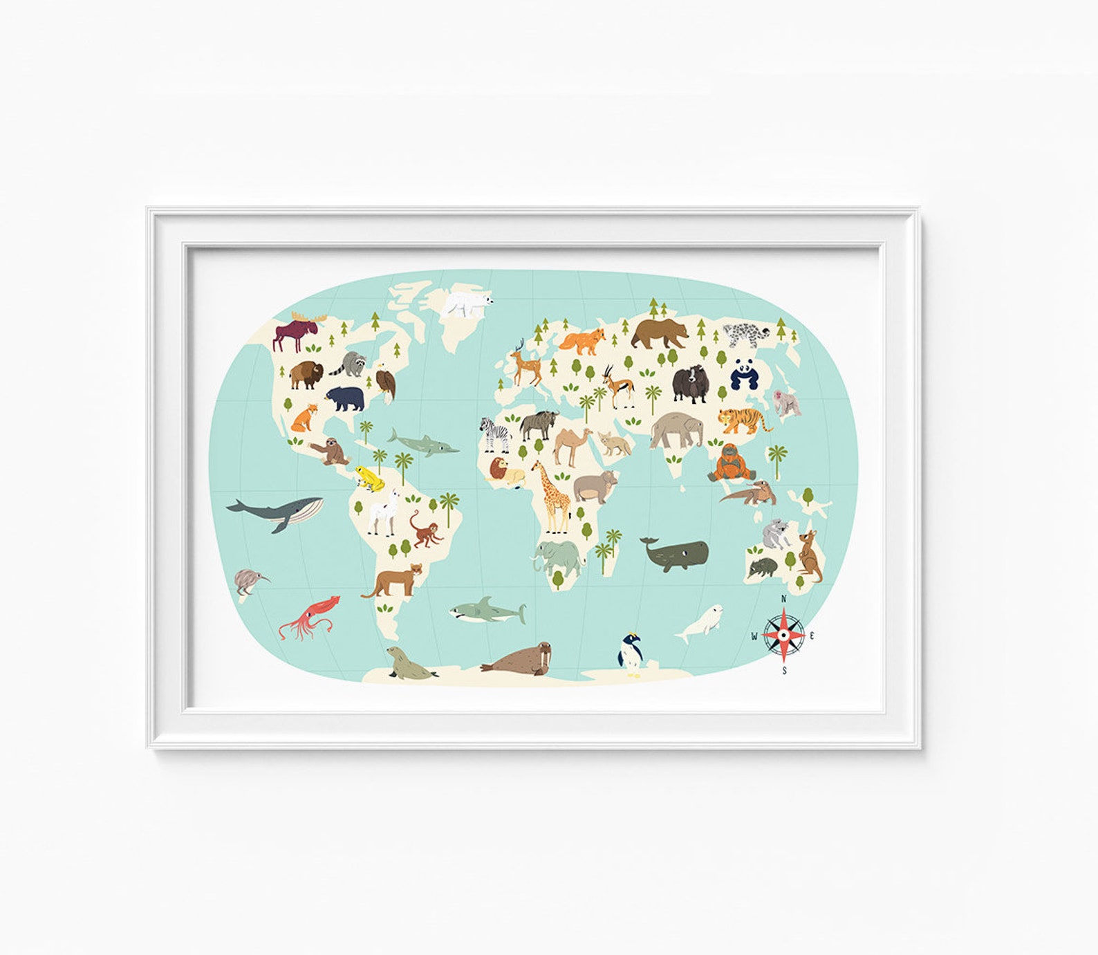Animal Map of the World Map for Children and Kids, Art Print, Nursery ...