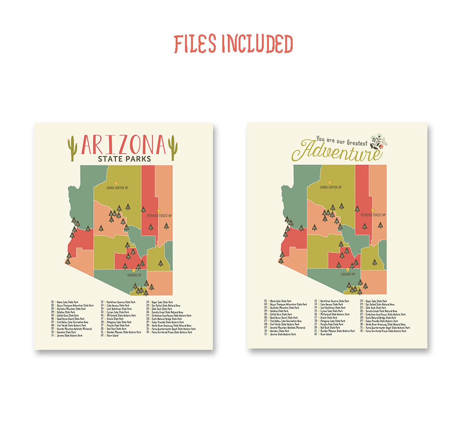 Arizona State Parks Map 16x20 Adventure Mountains Parks | Etsy