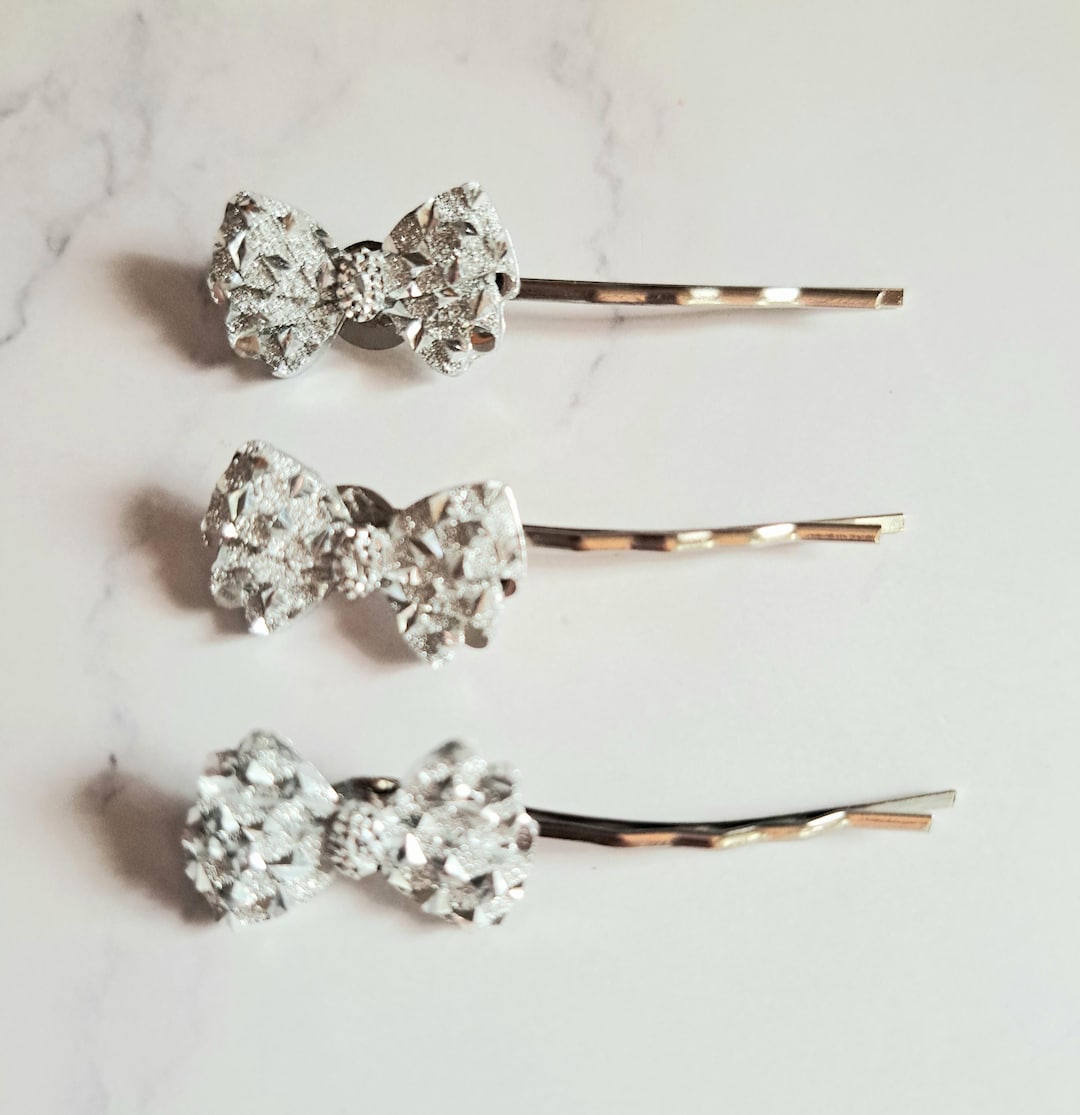 Rhinestone Bow Hair Pin, Silver Hair Accessory, Set of 3 - Etsy