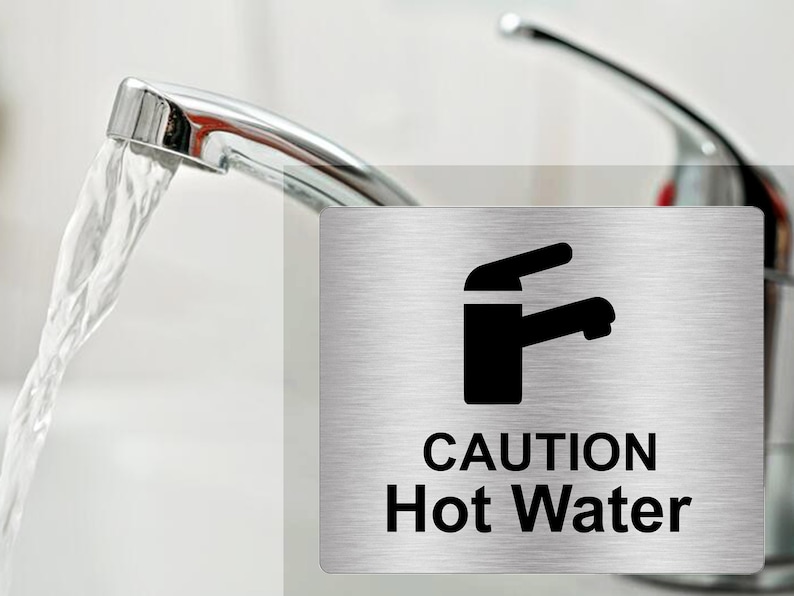 Caution Hot Water Sign: Adhesive Sticker, Metallic Silver/gold - Etsy