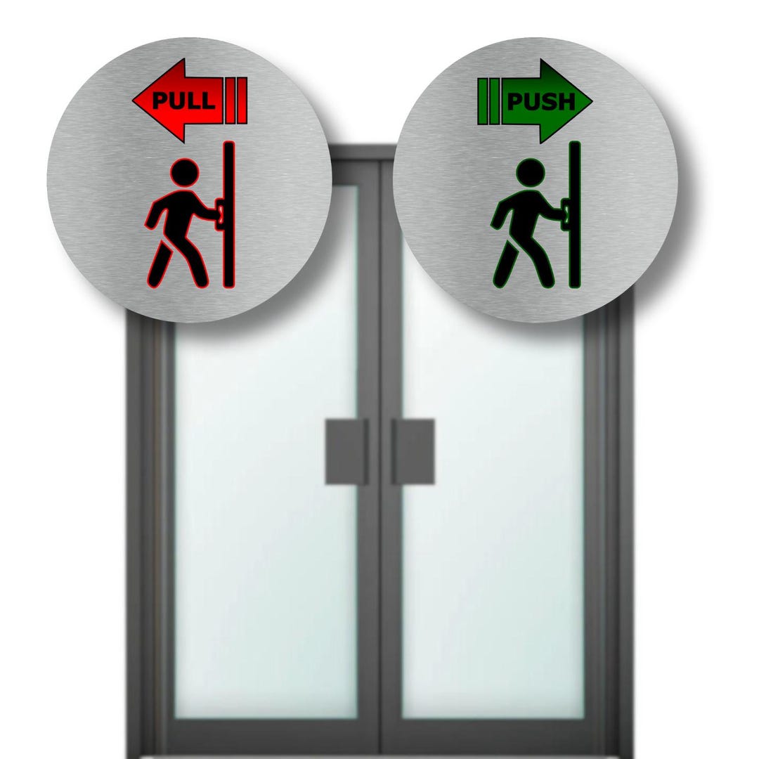 Metallic Silver Push Pull Door Signs – Self-adhesive Aluminium Circle ...