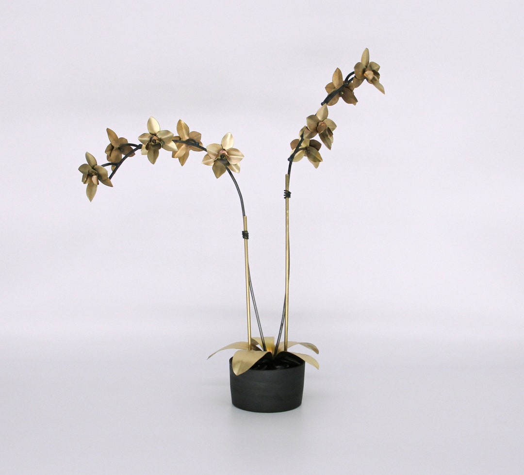 Orchid 12 Brass Metal Orchid Flower With Handmade Obsidian Ceramic Base ...