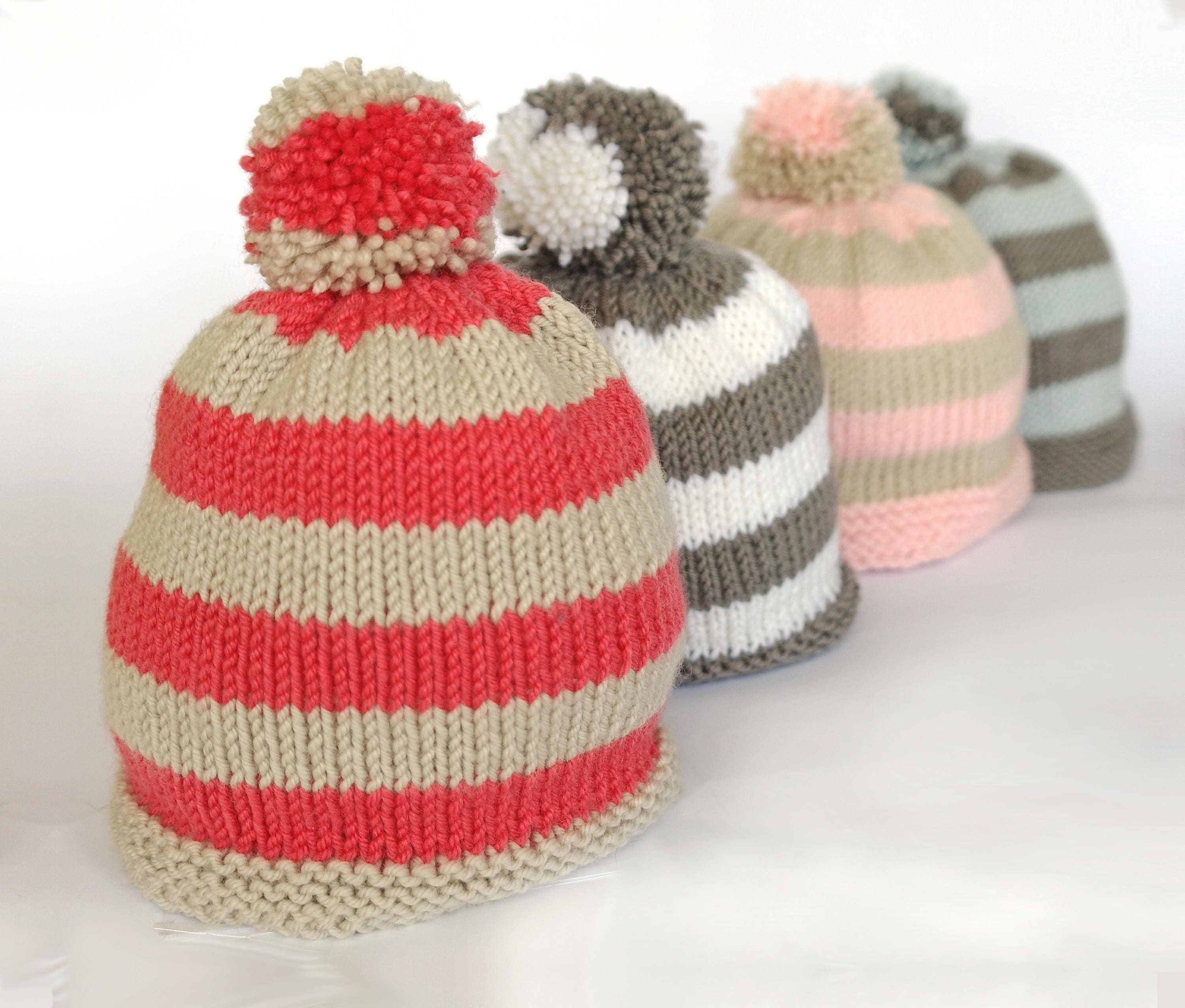 Easy Knit Baby Bobble Hat Pattern: Stripey Pompom Toque (PDF Download ...