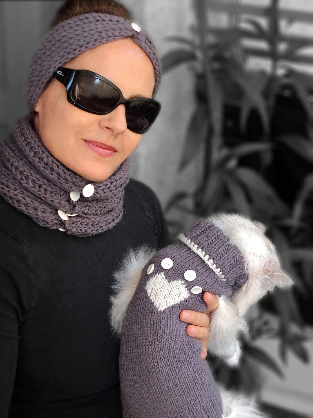 Heart Paw Pattern Gray Sweater for Pet and Matching Clothes for Owner ...