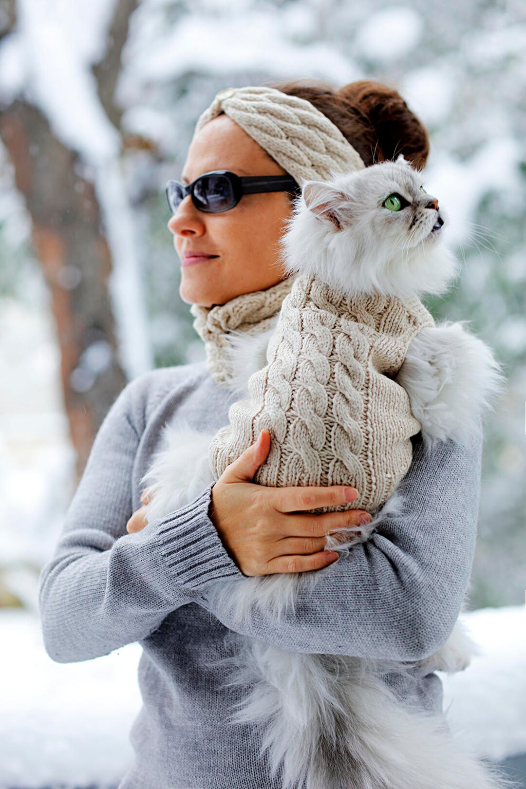 Cable Pattern Beige Matching Clothes for Pet and Owner, Beige Knit ...