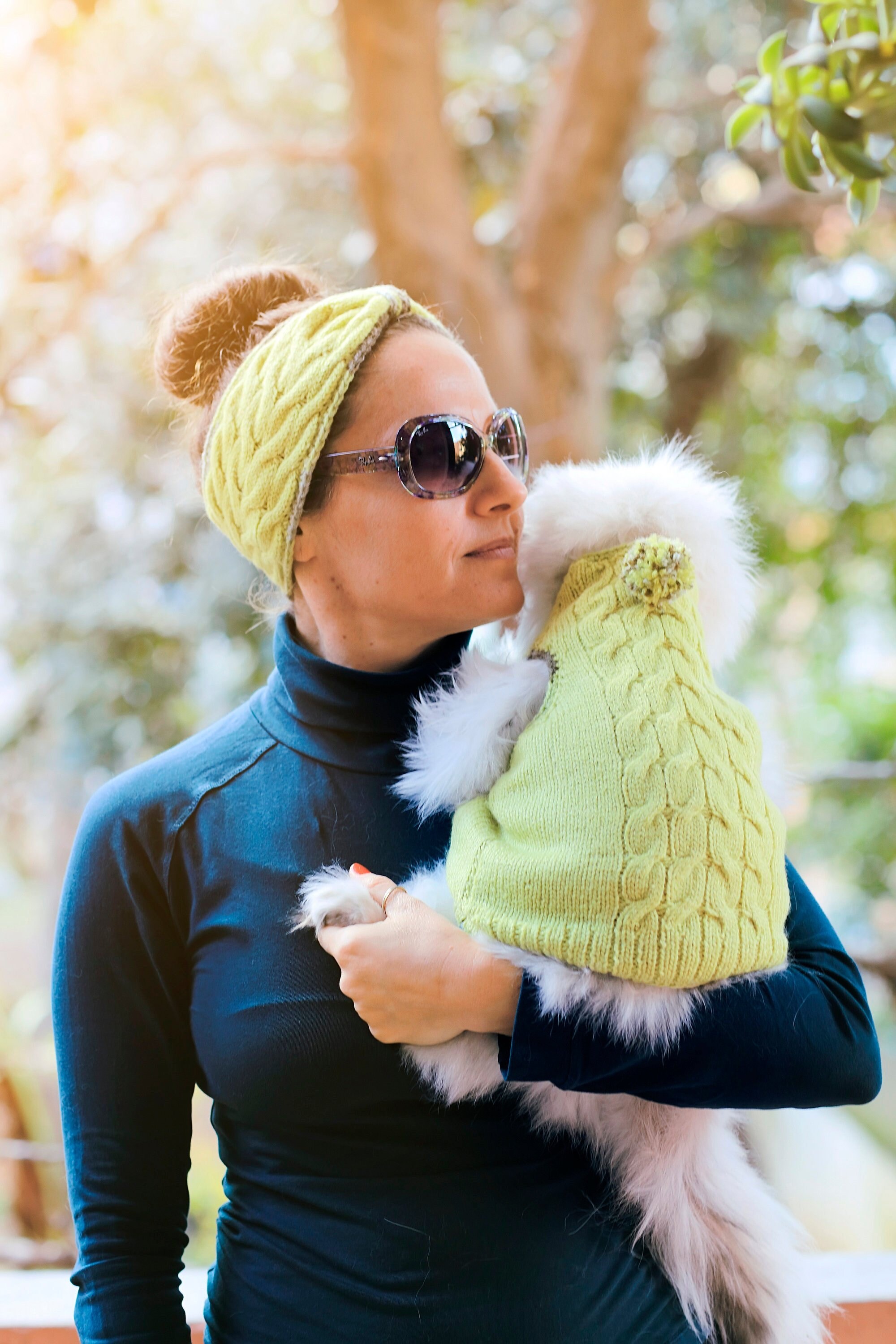 Cable Pattern Cat Sweater With Matching Owner Clothes, Green Knit ...