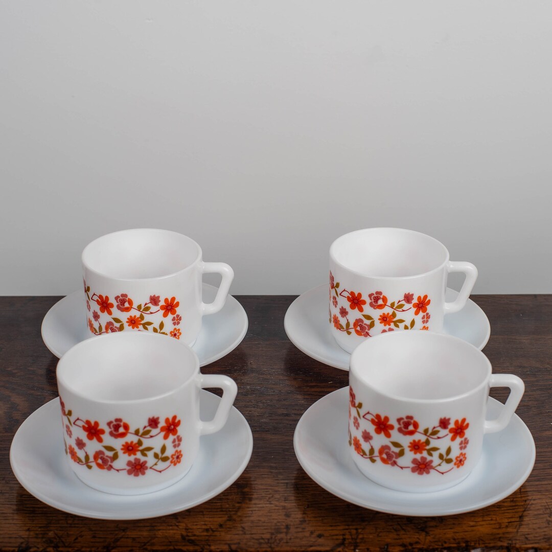 Set X4 Arcopal Scania Pyrex Glass Vintage Cups & Saucers Retro White ...