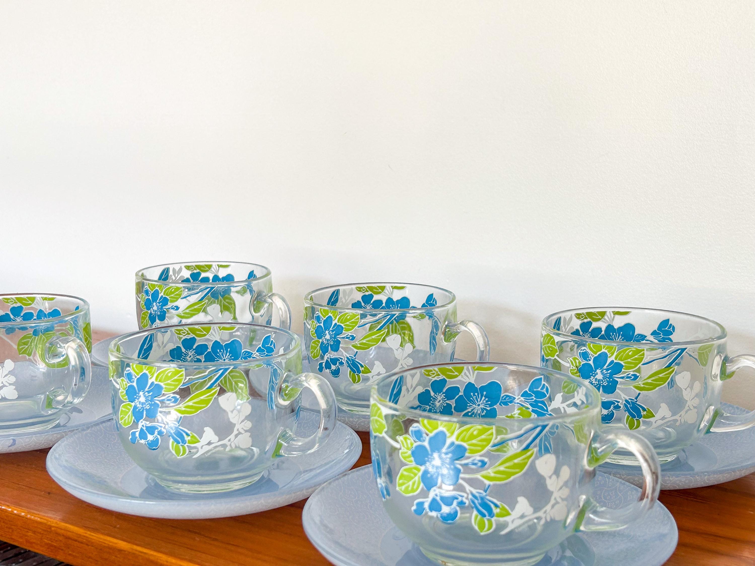 Set of 6 Vintage Luminarc 'japanese Tree' Cups and Saucers, Blue Flower ...