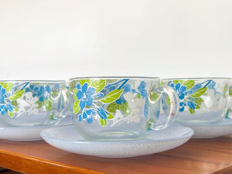 Set of 6 Vintage Luminarc 'japanese Tree' Cups and Saucers, Blue Flower ...