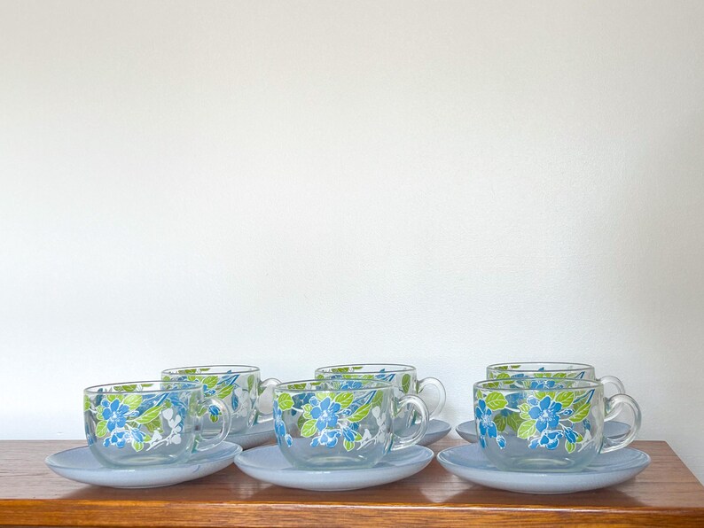 Set of 6 Vintage Luminarc 'japanese Tree' Cups and Saucers, Blue Flower ...