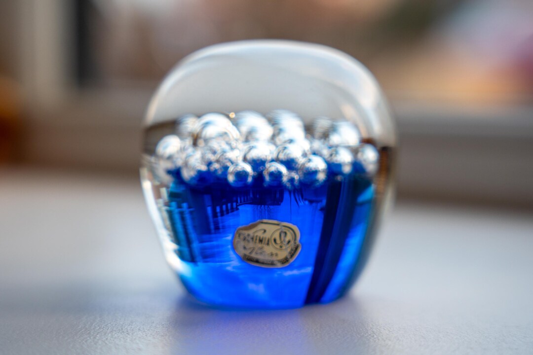 Vintage Bohemia Glass Paperweight — Hand Blown Indigo Blue & Clear ...