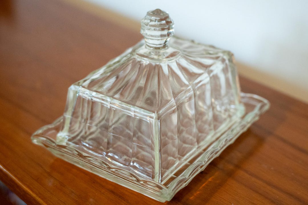 Davidson Glass Jacobean Reg Pattern Butter Dish, Art Deco 1930s Clear ...