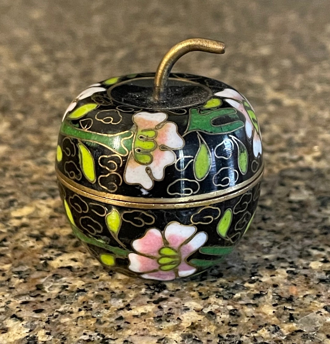 Petite Vintage Miniature Black Cloisonné Apple Trinket Box/ring Holder ...