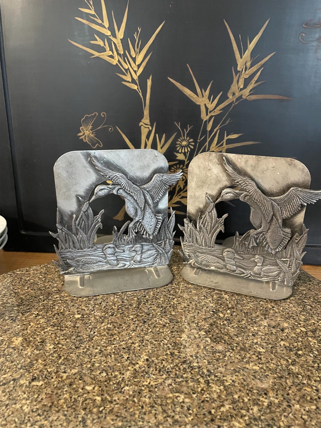 Vintage Pewter Bookends/mallard Duck/3d Flying Duck Book Ends/office ...