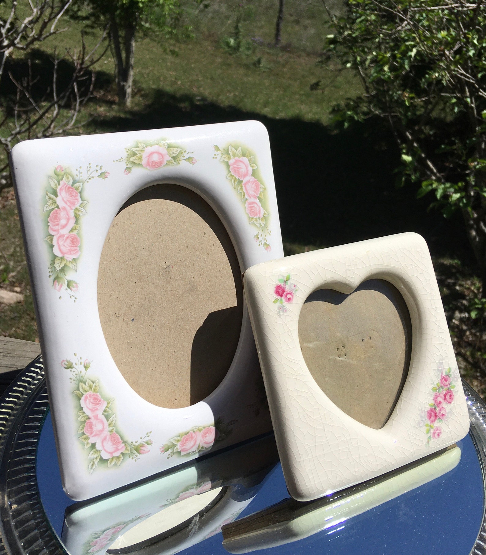 Vintage Crème White Ceramic Picture Frame/Pink Rose Garland | Etsy