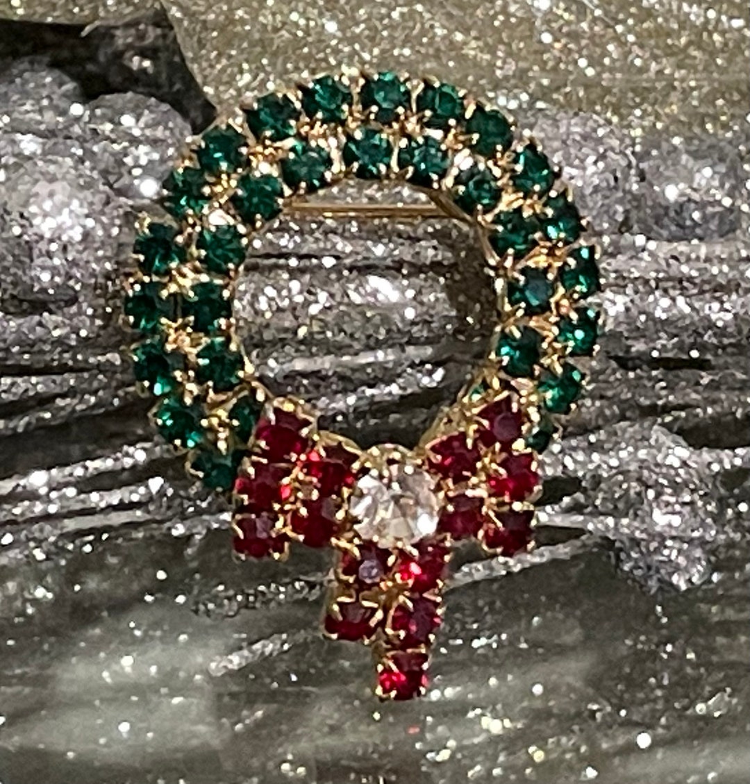 Vintage Rhinestone Christmas Wreath Brooch/articulated Bow/vintage ...