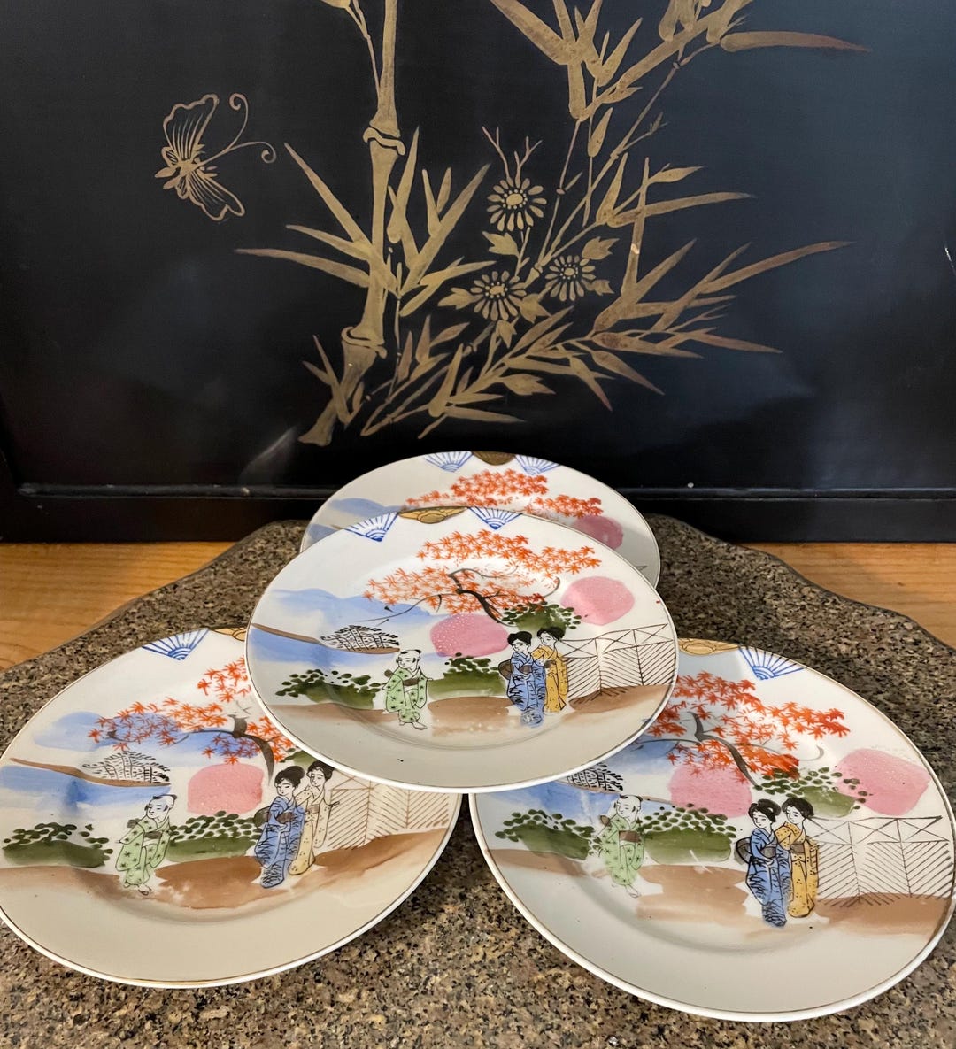 Vintage Japanese Hand Painted Geisha in Gardens Porcelain Plate Set ...