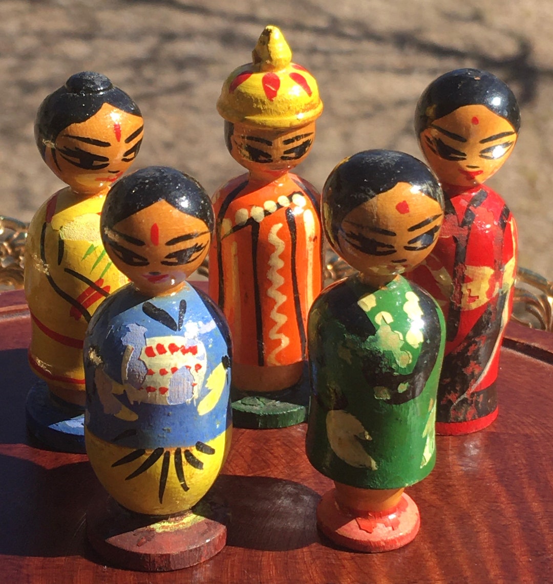 Vintage Hand Carved & Hand-painted Solid Wood Hindu Indian Figurines/2. ...